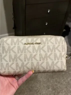 Michael Kors | Bags | Michael Kors Cream Logo Ziparound Wallet With ...